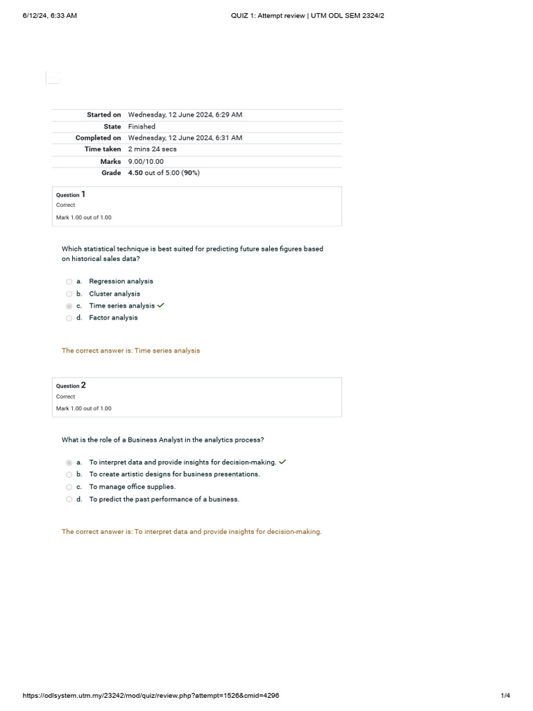 CH 3 QUIZ 1 - Attempt Review - UTM ODL SEM 2324 - 2 | Download Free PDF | Analytics | Predictive ...