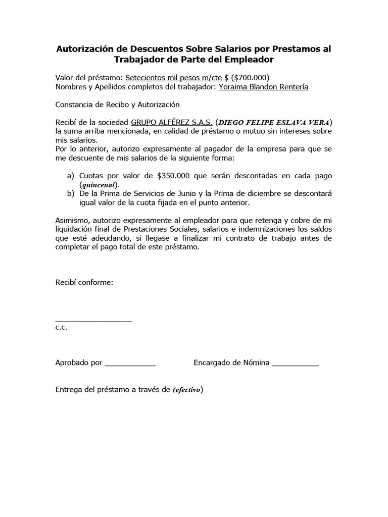 Modelo de Autorizacion de Descuentos en Salario | PDF