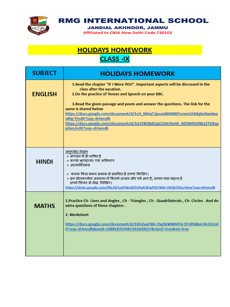 Holidays Homework Class-IX | PDF