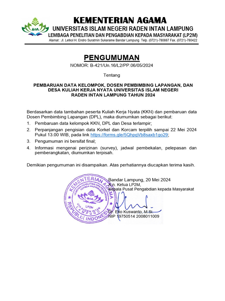 Pengumuman Pembaruan Data KKN 2024 | PDF