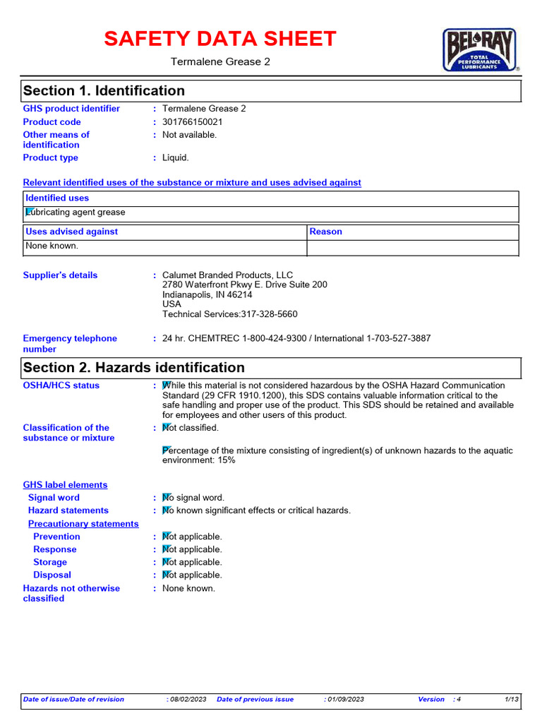 Termalene Grease 2 Safety Data Sheet | PDF | Toxicity | Oxide