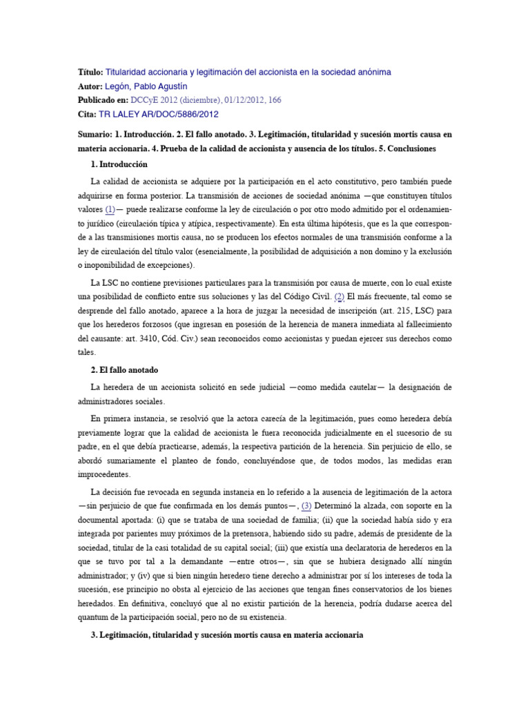 Titularidad Accionaria y Legitimación Del Accionista en La Sociedad ...