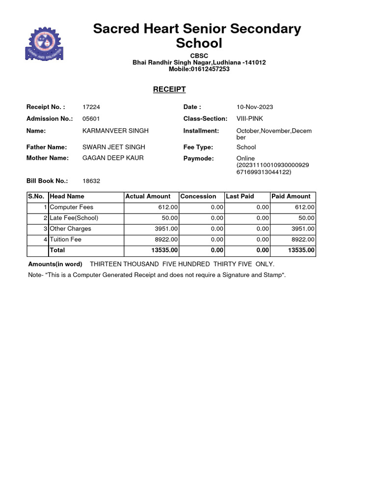 Sacred Heart Senior Secondary School: Receipt | PDF