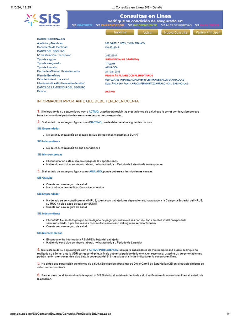 Consulta en Línea del SIS Activo | PDF