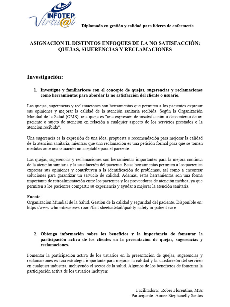 Modulo Ii. Asignacion Ii. Distintos Enfoques de La No Satisfacción - Quejas, Sujerencias y ...