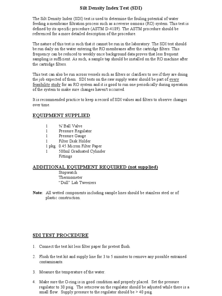 Silt Density Index Test (SDI) : Ondeo Nalco Applied Services Part # 420 ...