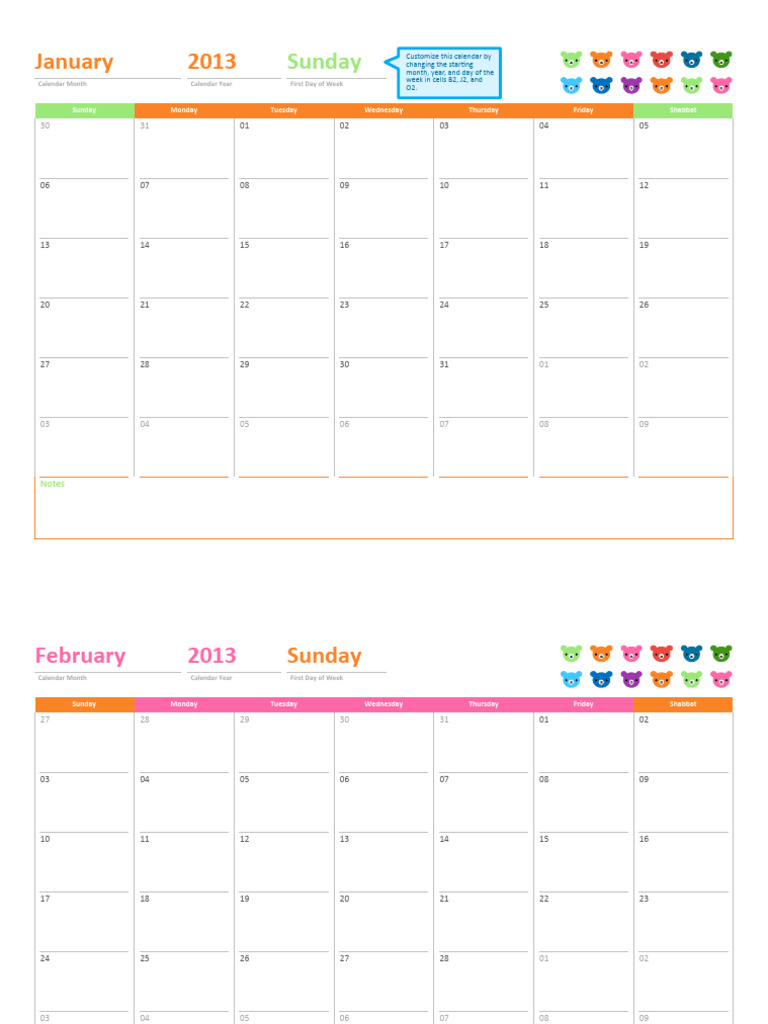 Any year monthly calendar (12 pages, Rainbow Bears design)1 | PDF