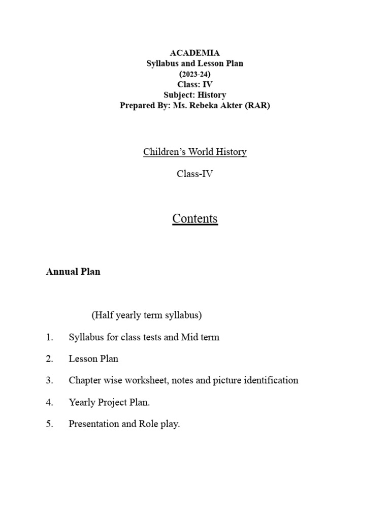 Class - IV, History-Syllabus and Lesson Plan 2022-23 | PDF