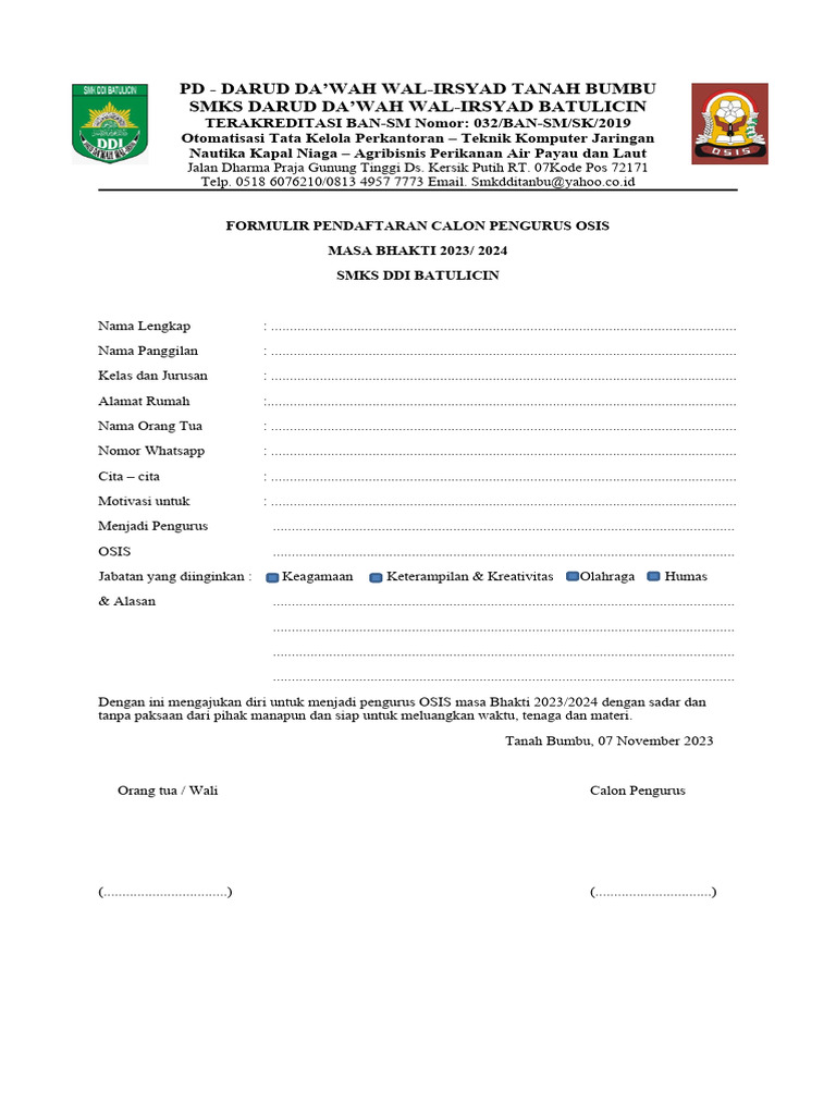 Formulir Pendaftaran OSIS 2023 | PDF