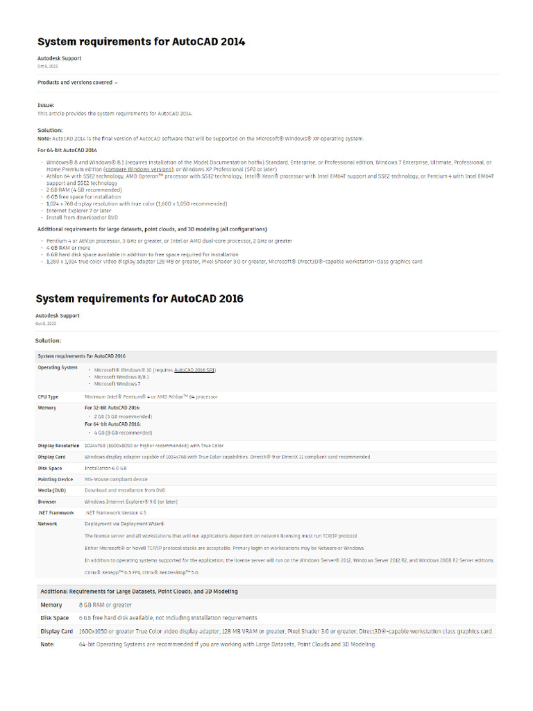 AutoCAD 2014 & 2016 Computer Minimum Requirements | PDF