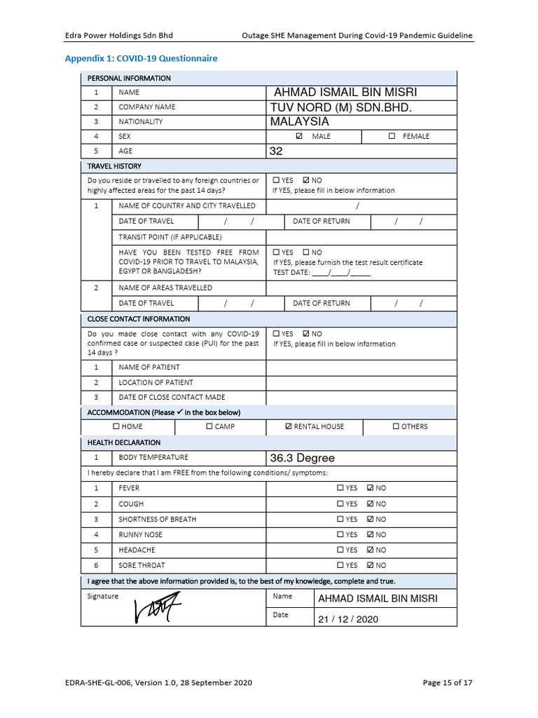 COVID 19 Assessment Form (Questionnaire)-1 | Download Free PDF ...