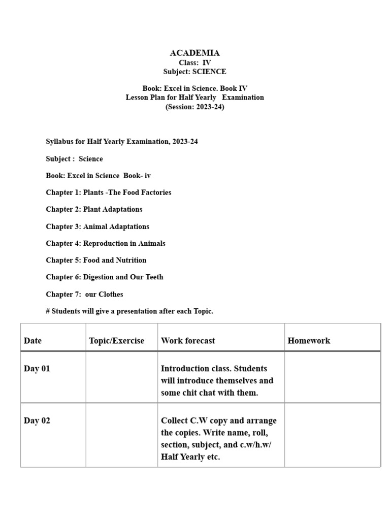 Class - IV, SCIENCE-Lesson Plan For Half-Yearly | PDF | Nutrition ...