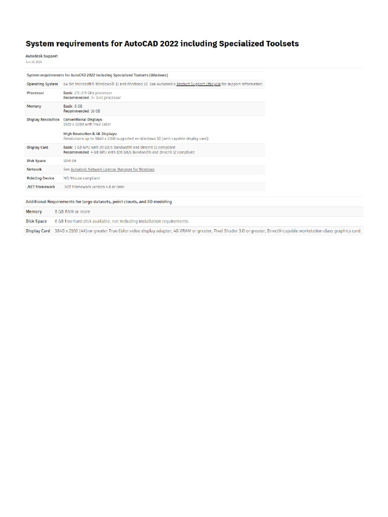 AutoCAD 2022 Computer Minimum Requirements | PDF
