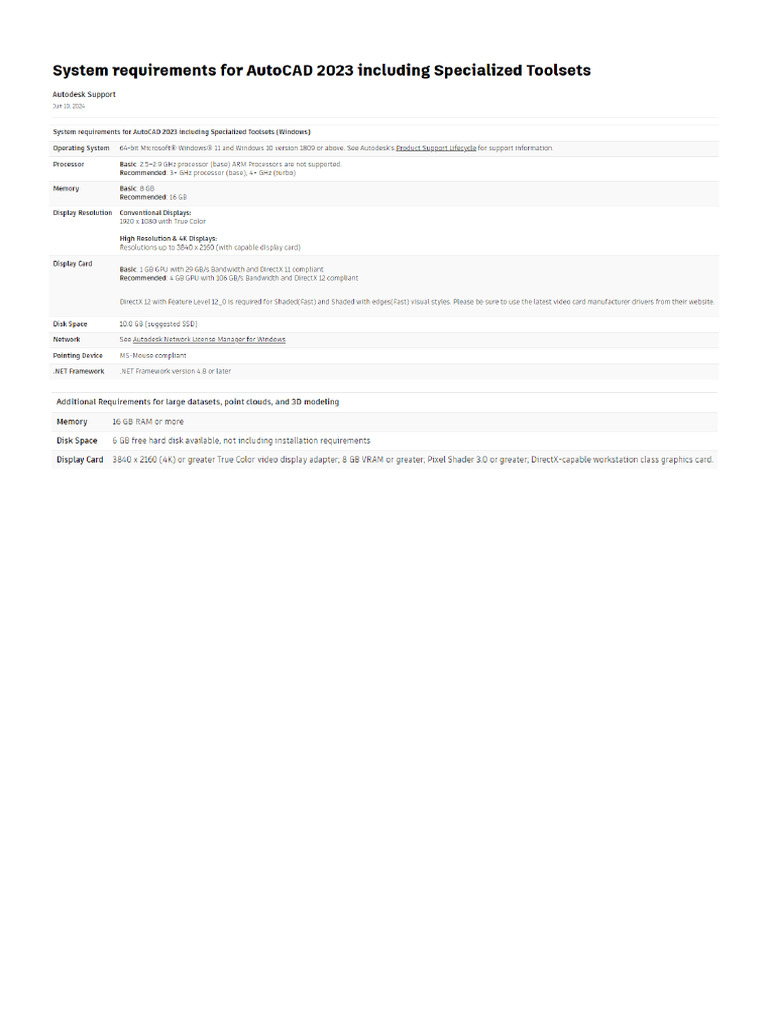AutoCAD 2023 Computer Minimum Requirements | PDF