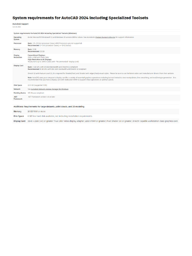 AutoCAD 2024 Computer Minimum Requirements | PDF