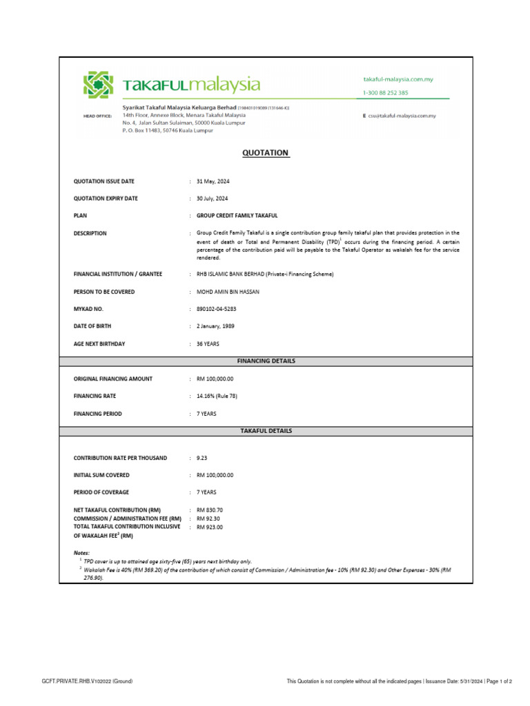 Takaful Quotation | PDF | Money