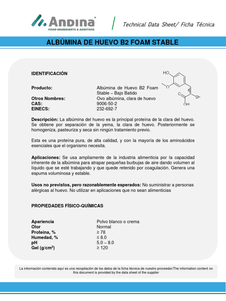 Ft. Albumina de Huevo b2 Foam Stable Bajo Batido -- Andina (2 ...