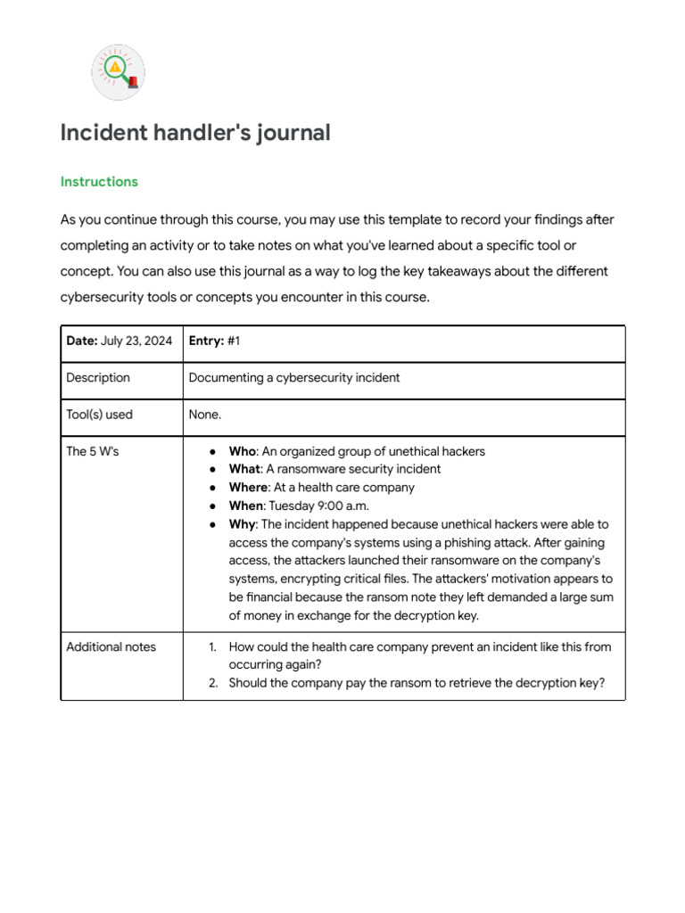 Incident Handler's Journal Entry Exemplar | PDF