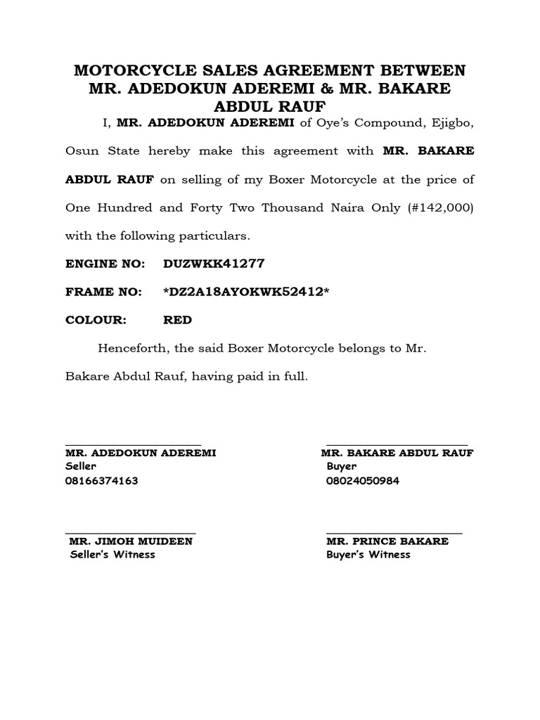 Agreement of Sale of Motorvehicle | PDF