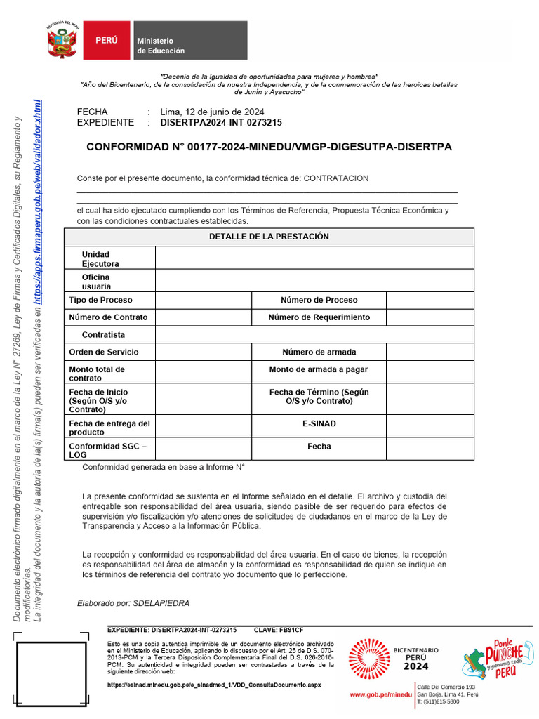 Conformidad 00177 2024 Minedu VMGP Digesutpa Disertpa | PDF