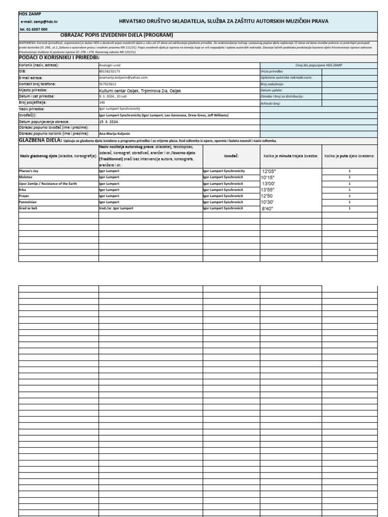 Obrazac - Popis - Izvedenih - Djela - Program Koncert - SYNCHRONICITY | PDF