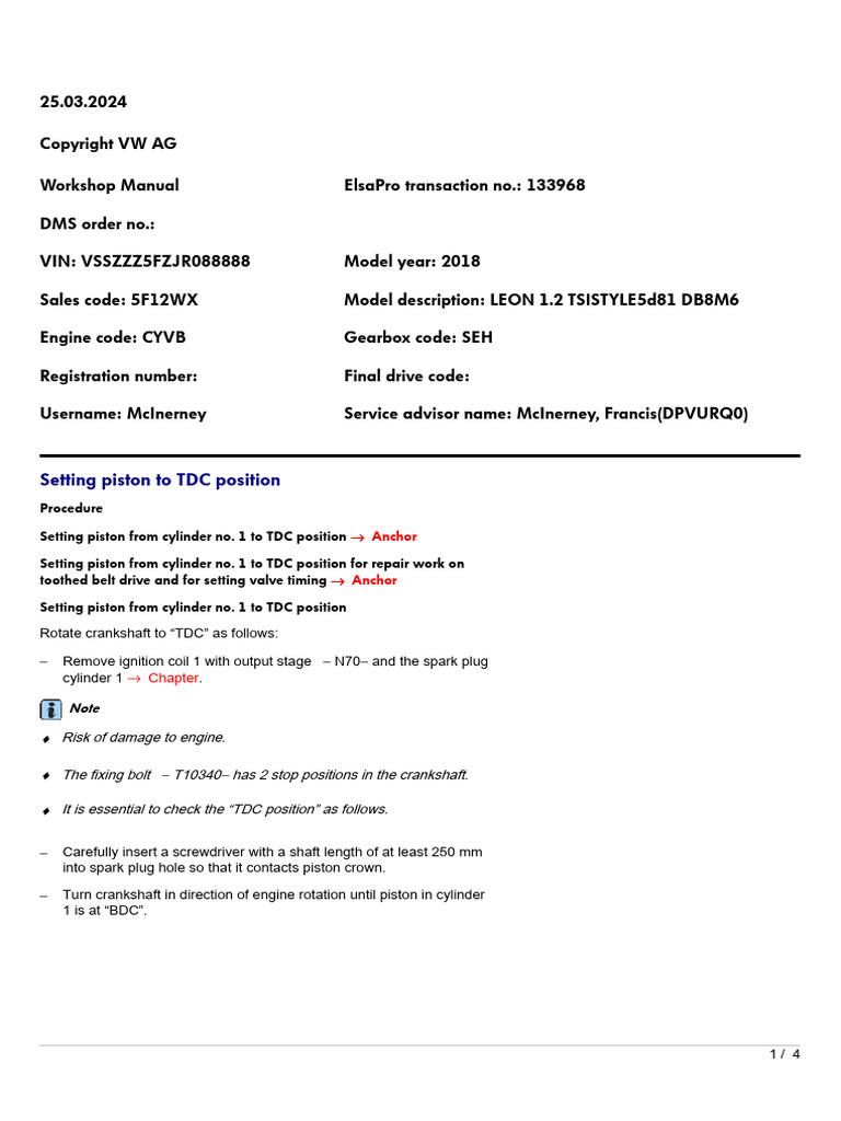 Setting Piston To TDC Position Skoda Petrol | PDF | Internal Combustion ...