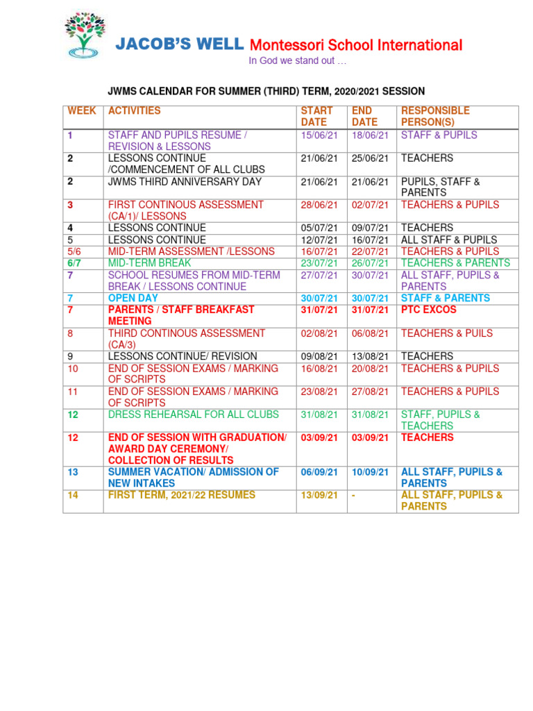 2021 Summer Calendar - PTC Version | PDF