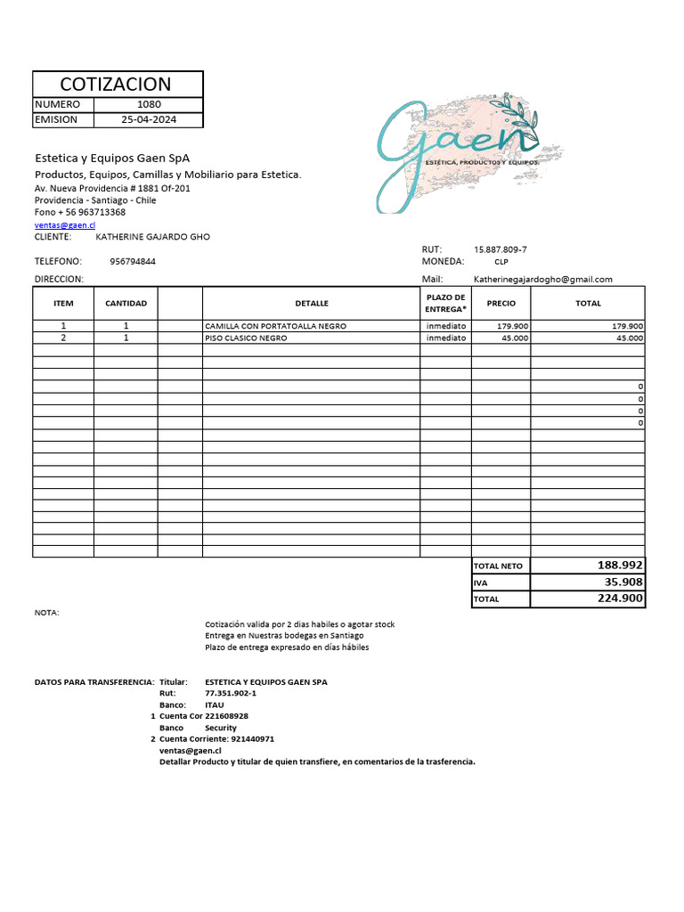 Cotizacion 1080 Katherine Gajardo Gho | PDF
