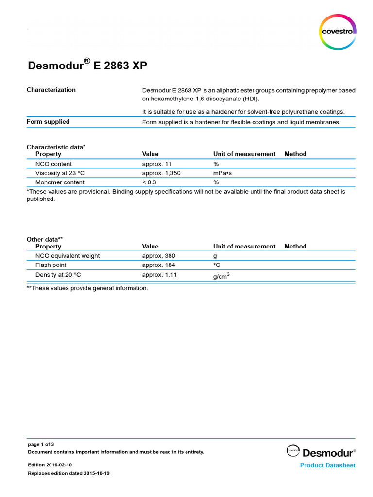 Desmodur E 2863 XP - en - 84256374 19834783 19834786 | PDF | Building ...