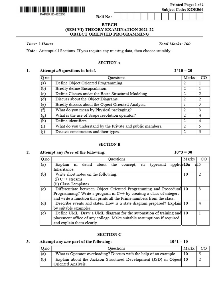 Btech Oe 6 Sem Object Oriented Programming Koe064 2022 | PDF | Object ... Btech Oe 6 Sem Object Oriented Programming Koe064 2022 | PDF | Object ...