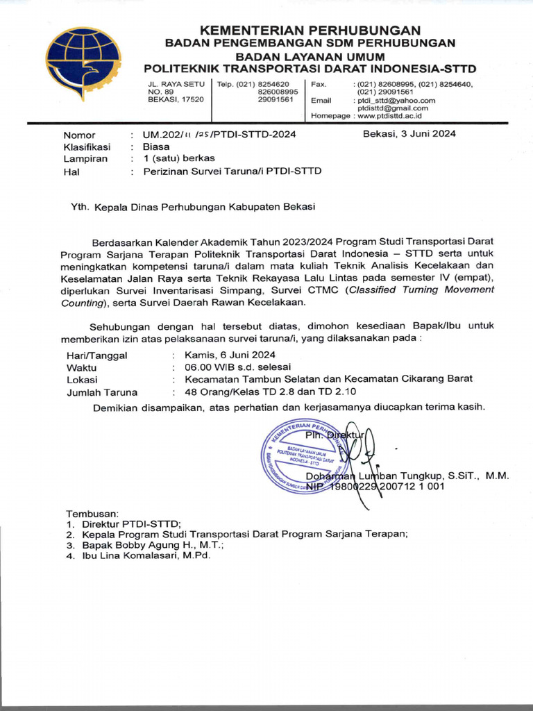 UM.202_11_25_PTDI-STTD-2024 PERIZINAN SURVEI TARUNA DINAS PERHUBUNGAN KAB. BEKASI KAMIS 6 JUNI ...