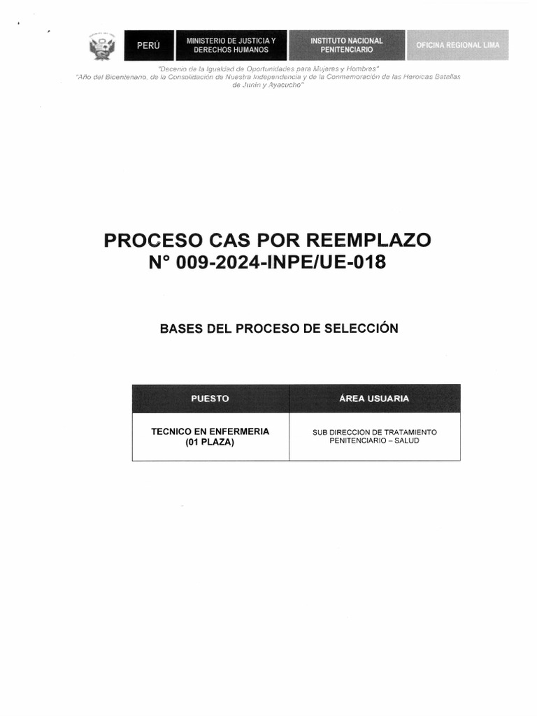 Bases Proceso Cas #009-2024-Inpe-Orl-urh - Tecnico en Enfermeria | PDF Bases Proceso Cas #009-2024-Inpe-Orl-urh - Tecnico en Enfermeria | PDF