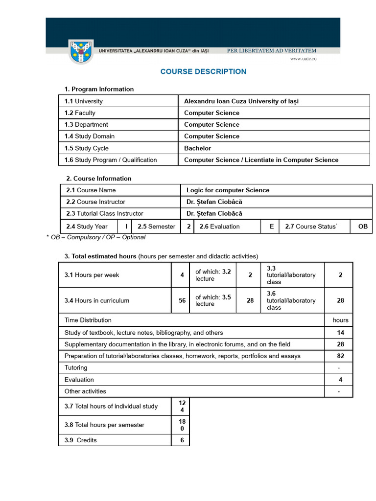 Fisa Disciplinei Logica en 2023 2024 | PDF | Logic | Deductive Reasoning