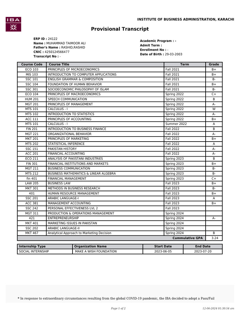 Student Transcript 1718137854 | PDF | Business