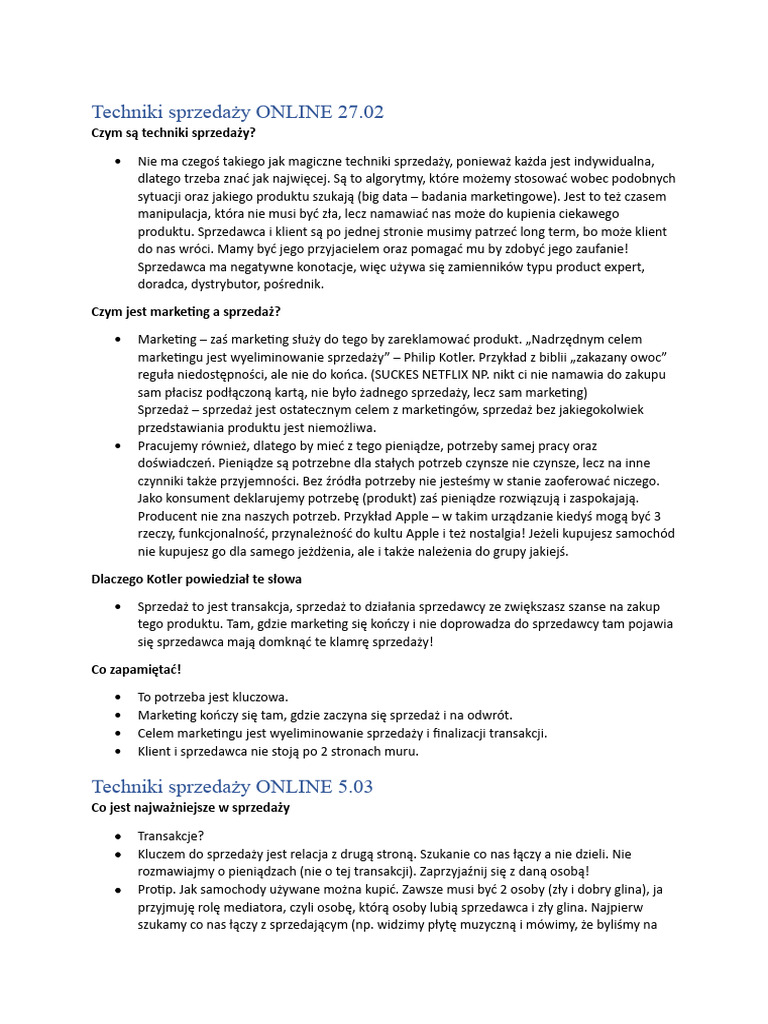 Techniki Sprzedaży 8 - 00 Do 9 - 30 (WT) | PDF