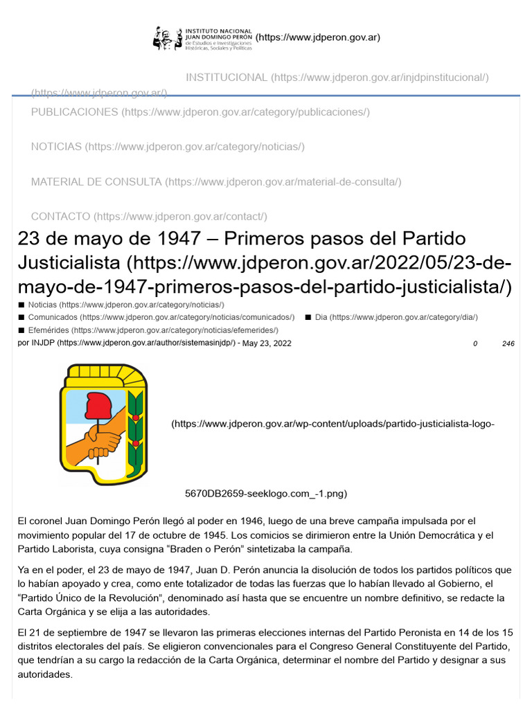 23 de mayo de 1947 – Primeros pasos del Partido Justicialista ...