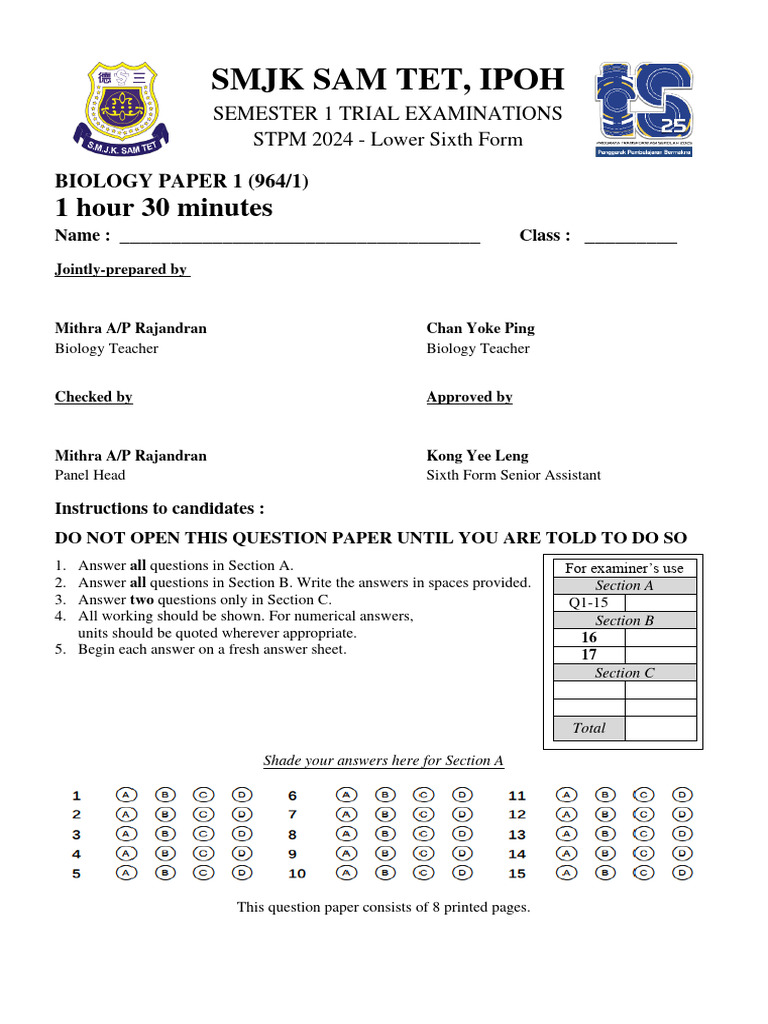 Kertas Peperiksaan Percubaan STPM Sem 1 Biology | PDF | Epithelium ...