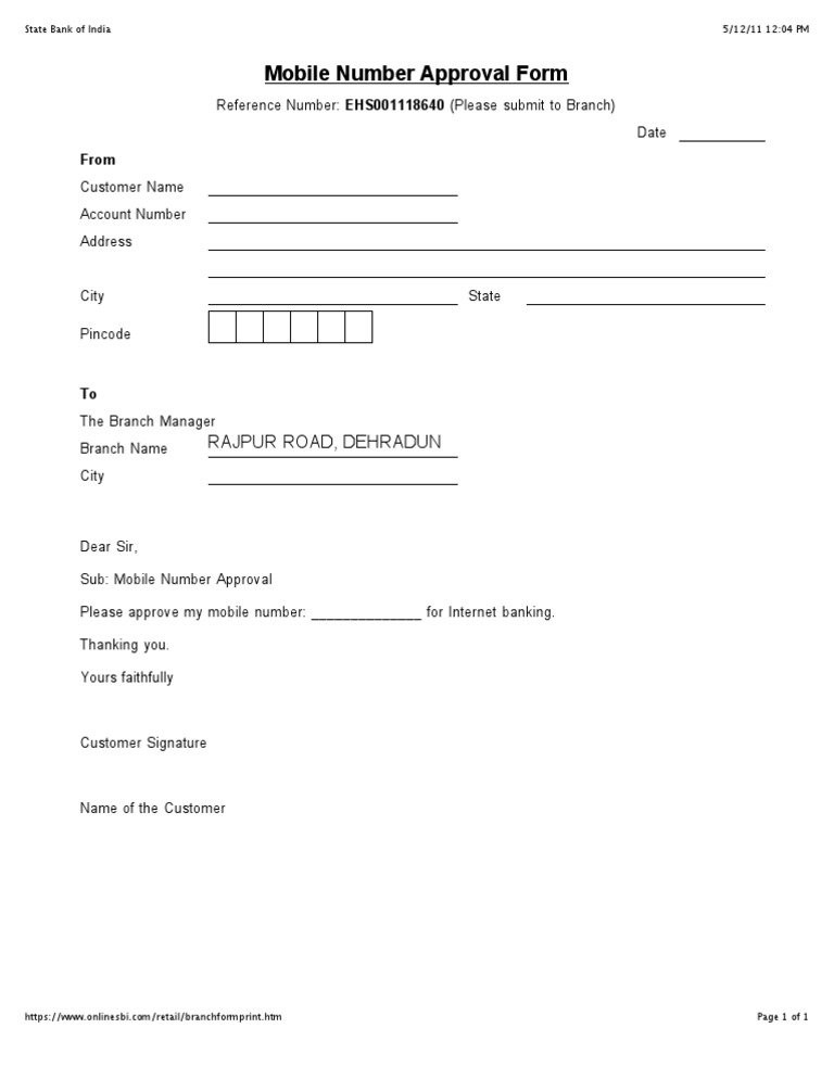 SBI Mobile Number Change Request Form | PDF