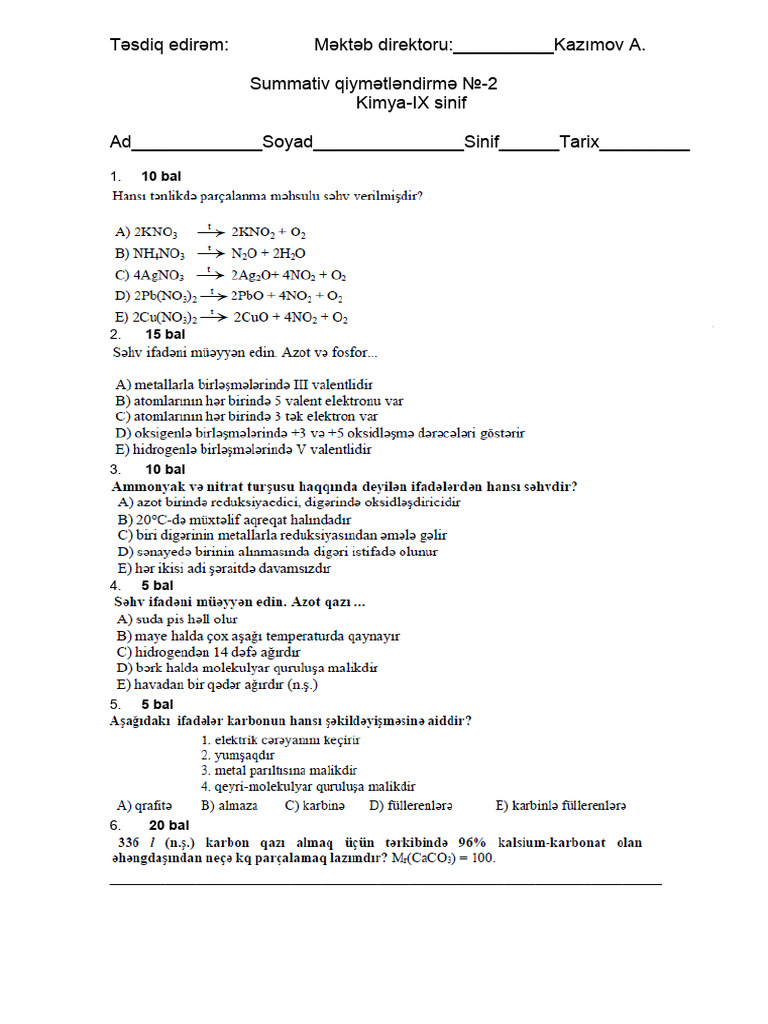 BSQ 2 Kimya Ix Sinif A Qardasov | PDF