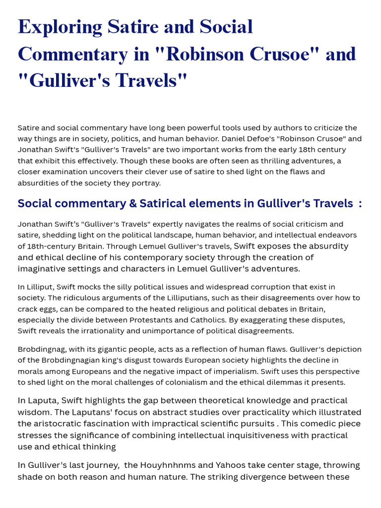 Exploring Satire and Social Commentary in Robinson Crusoe and Gulliver ...