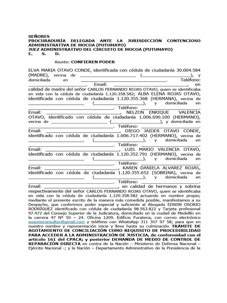 Poder para Conciliación y Demanda Administrativa - Madre y Familia de Rojas Otavo | Descargar ...