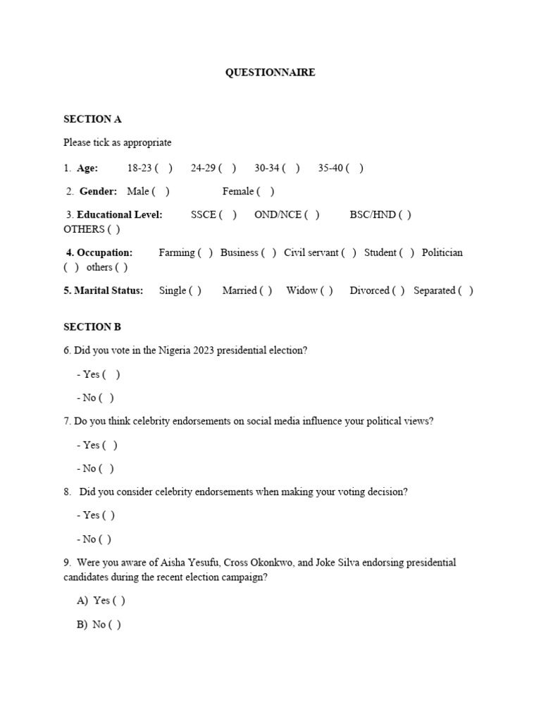 Adesinas Questionnaire 1 | PDF | Public Sphere | Elections