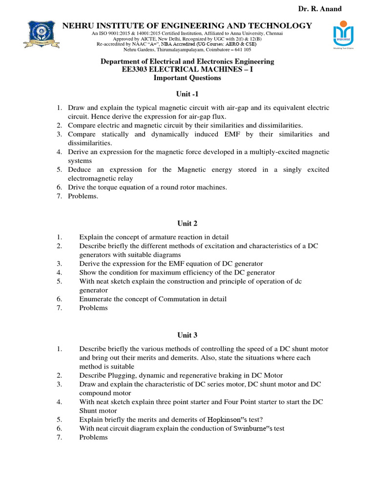 EE3303 Electrical Machines I Important Questions | PDF | Electric Motor ...