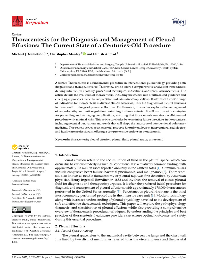 Thoracentesis For The Diagnosis and Management of Pleural Effusions ...