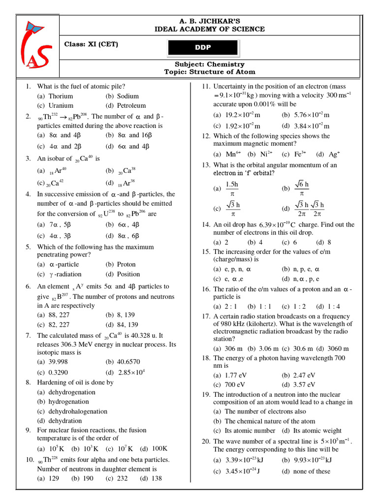 Structure Of Atom Dpp Xi Cet 1 Pdf Atomic Orbital Electron