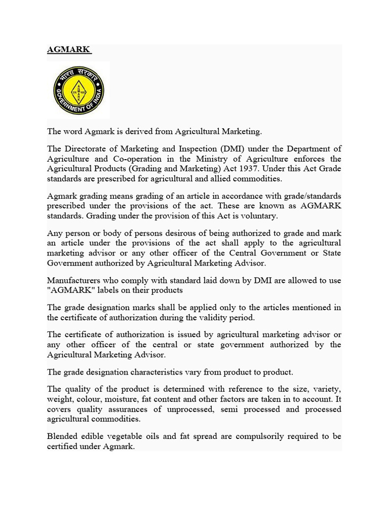 AGMARK | PDF | Food Industry