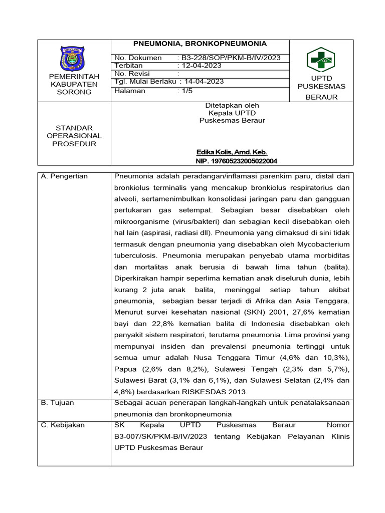 SOP Penatalaksanaan Pneumonia di Puskesmas Beraur | PDF