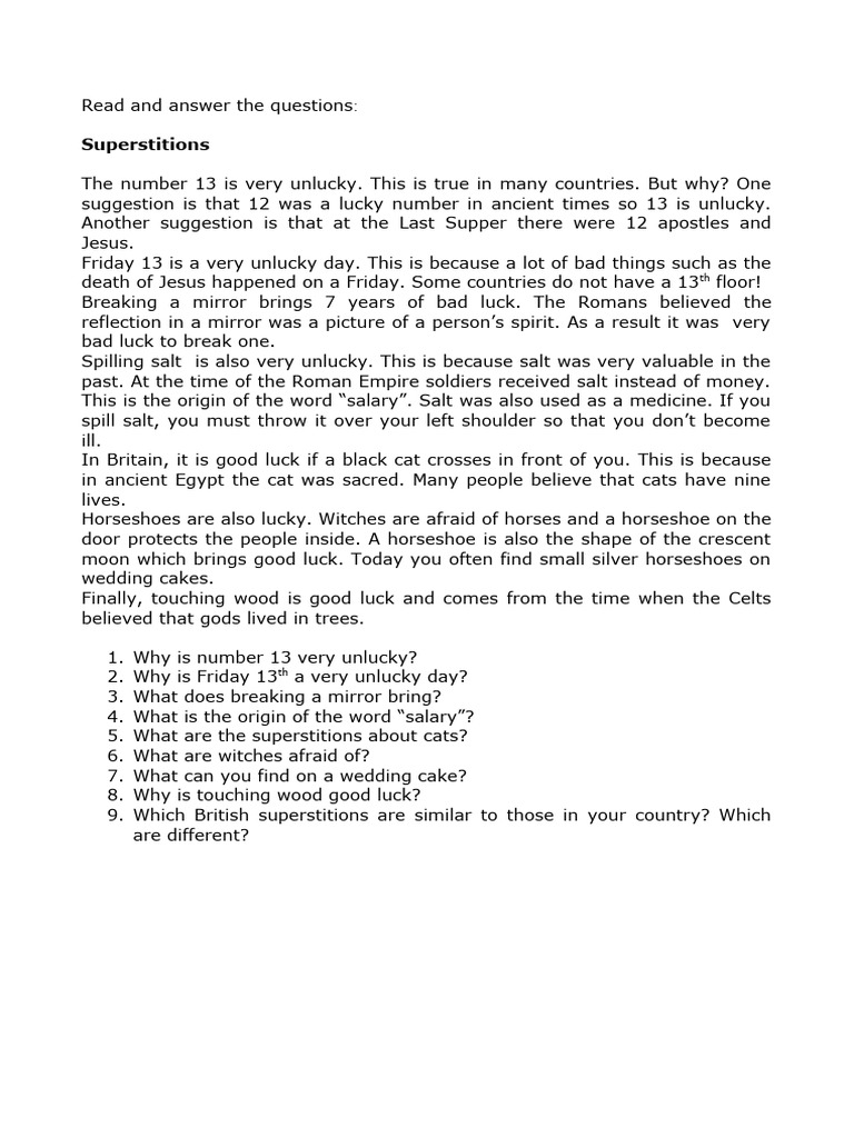 Superstitions Reading Comprehension Exercises - 5681 | PDF
