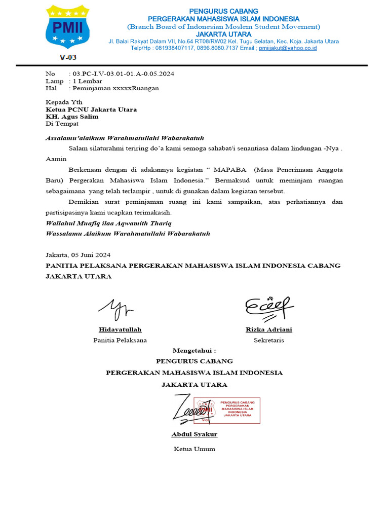 Surat Peminjaman Ruang PMII (PCNU) | PDF