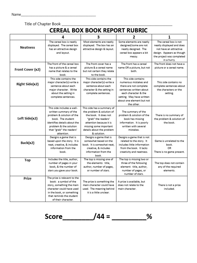 Cereal Box Book Report Rubric | PDF